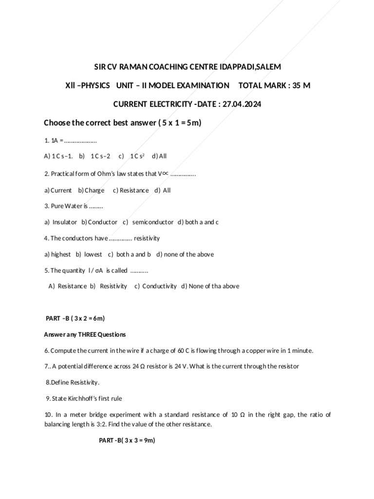 12th-Physics-Unit-2-Model-Question-Paper-English-Medium-PDF-Download | PDF | Electrical ...