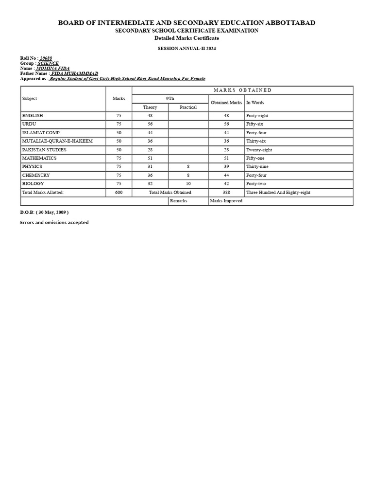 Biseatd - Edu.pk Exams RSSC A 24s S SSC DMC 9 A.php Id 20688&class 1 | PDF