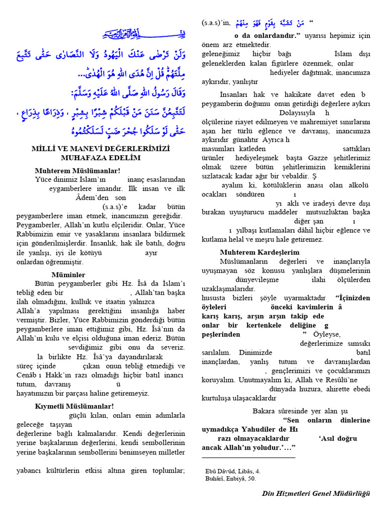 Milli Ve Manevi Değerlerimizi Muhafaza Edelim | PDF