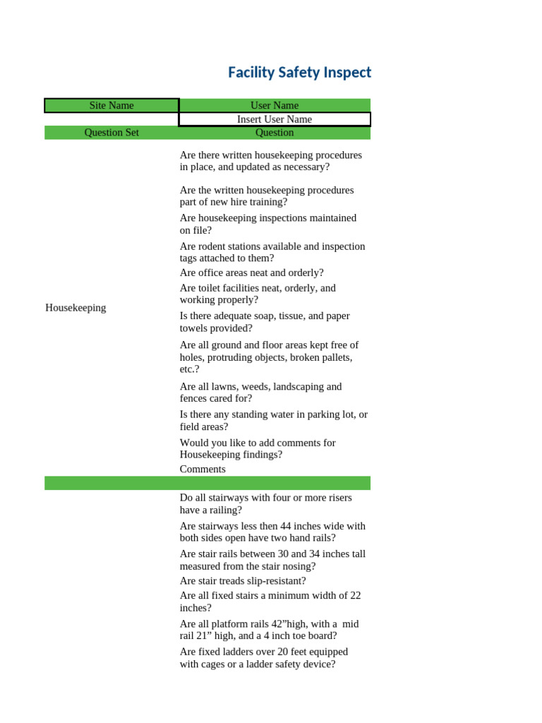Facility Safety Inspection Checklist | PDF | Stairs | Fires