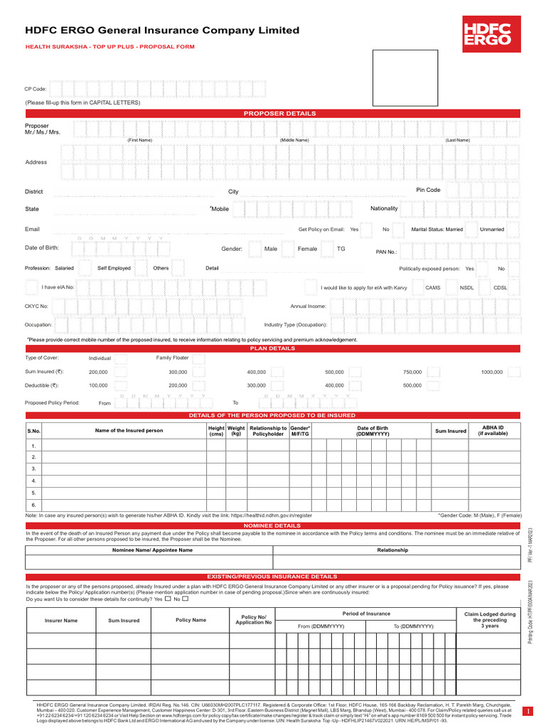 Health Suraksha Top-Up Proposal Form | PDF | Insurance | Mental Disorder