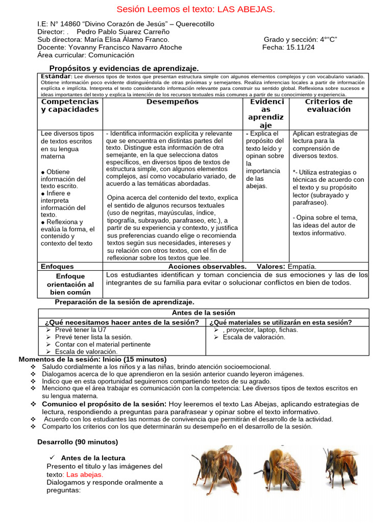 Sesión PLAN LECTOR 15 NOVIEMBRE LAS ABEJAS | PDF | Psicología cognitiva | Aprendizaje