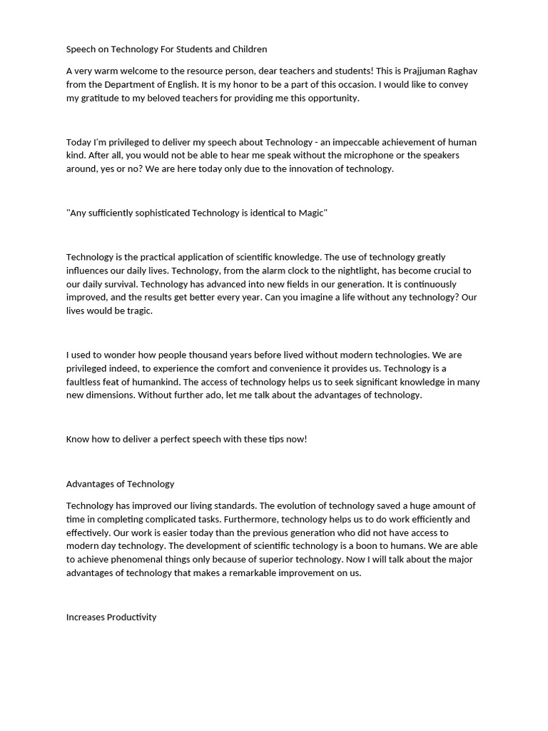Speech On Technology For Students and Children | PDF | Efficiency | Human