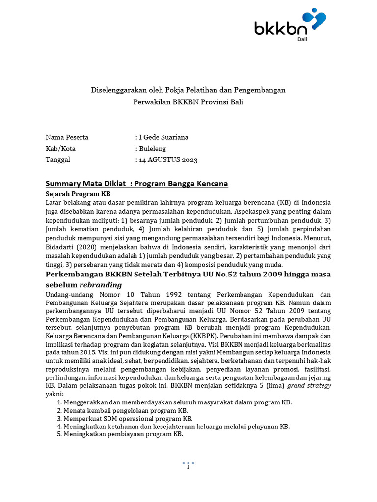 Templete Sumary Materi 1 - Program Bangga Kencana - Gede Suariana | PDF
