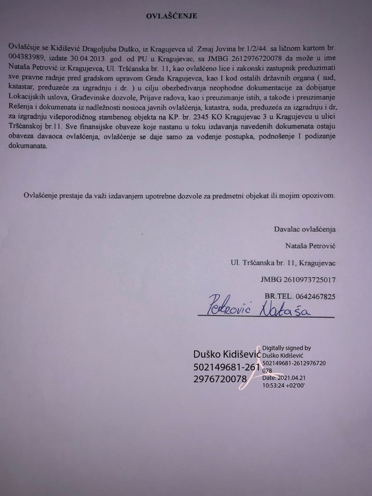 ROP KRG 11513 LOC 1 - 2021 - Punomoćje Za Izradu Lokacijskih Uslova - Ovlascenje | PDF