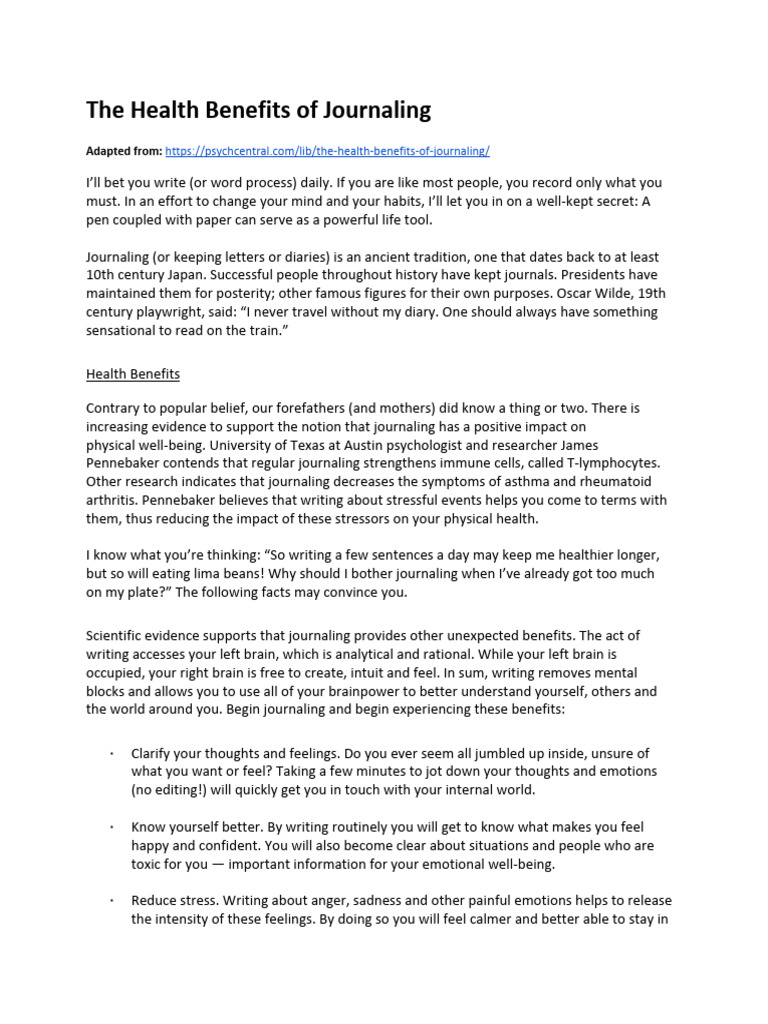 Health Benefits of Journaling Explained | PDF | Feeling | Thought