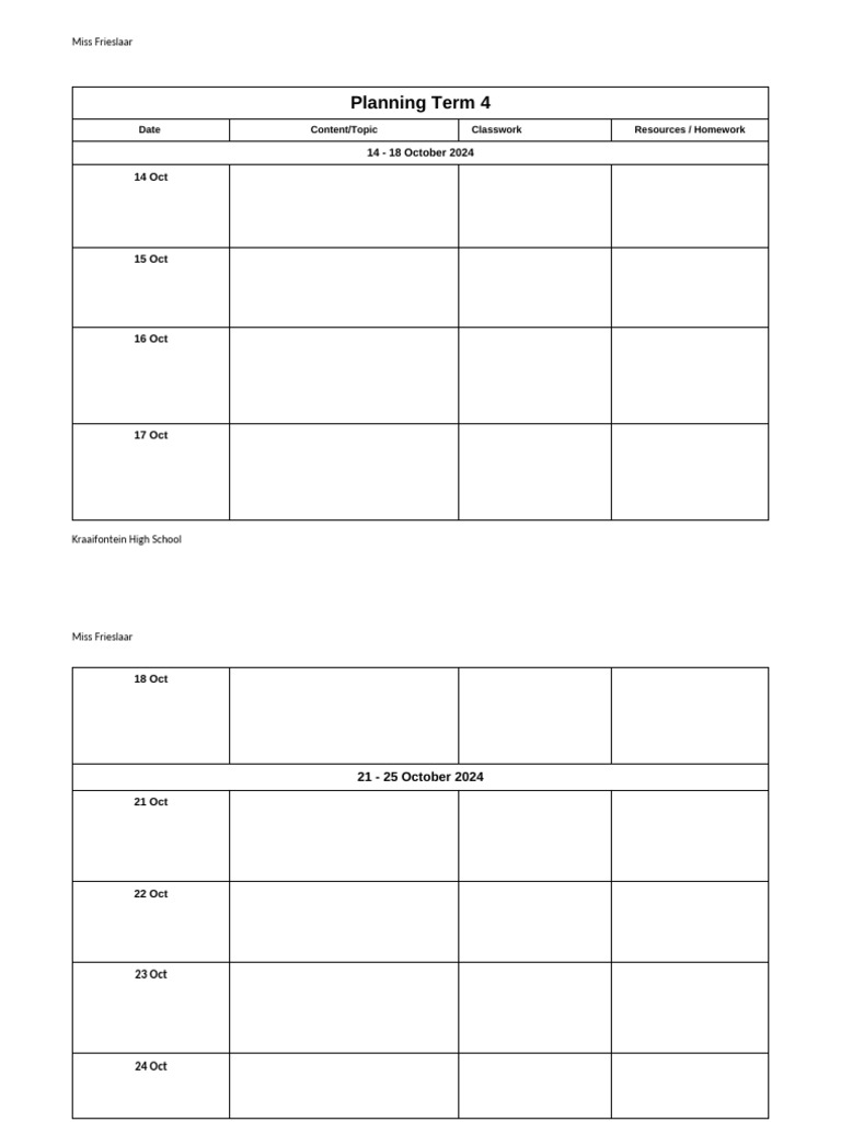 Term 4 Planning Schedule 2024 | PDF