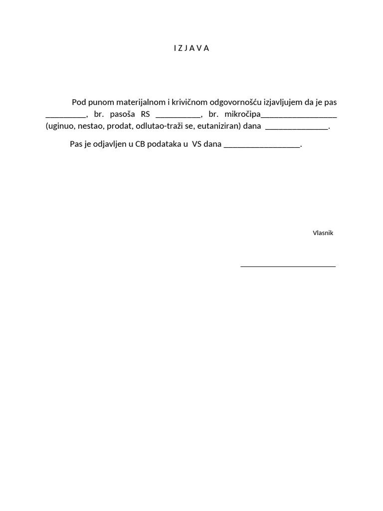 Izjava Odjava Pasa Blanko | PDF