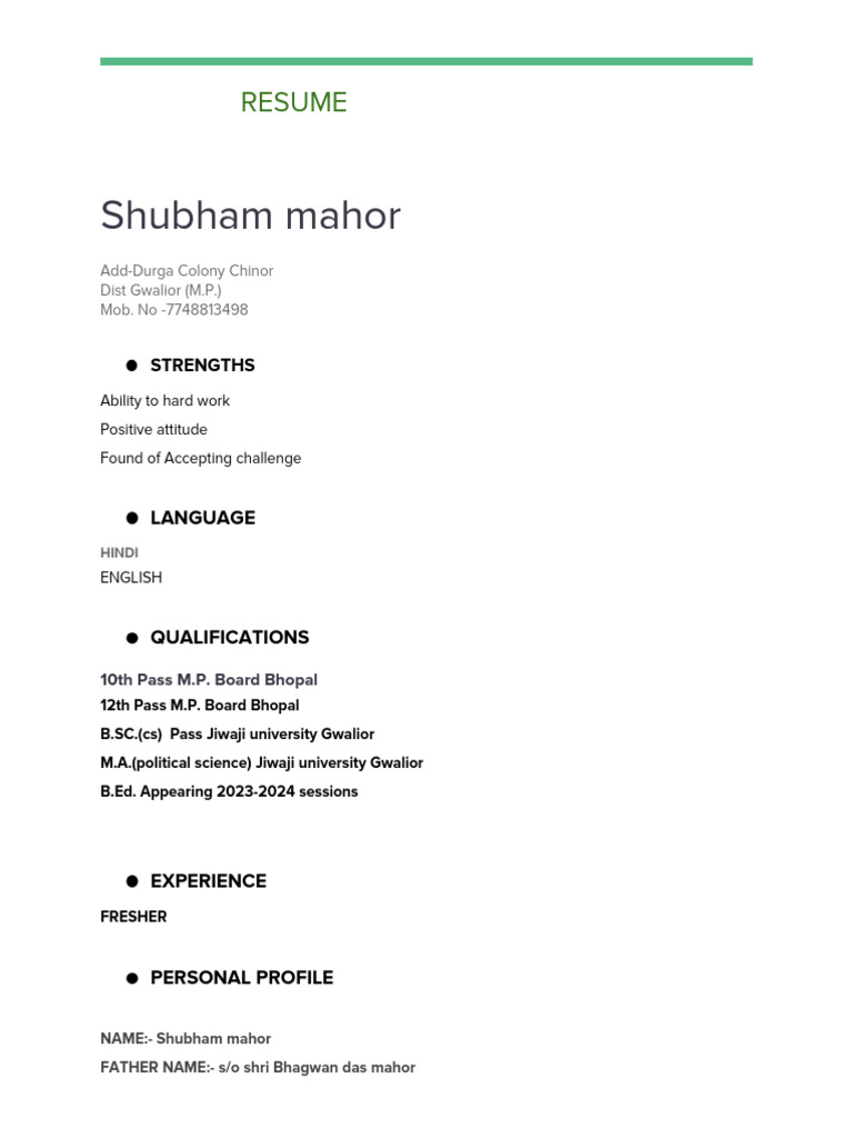 Shubham Mahor Resume: Fresher with B.Sc. in CS | PDF