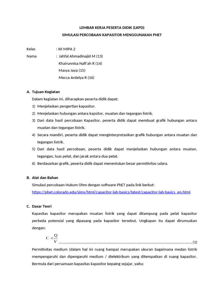 XII A2 KEL 4 LKPD Kapasitor | PDF