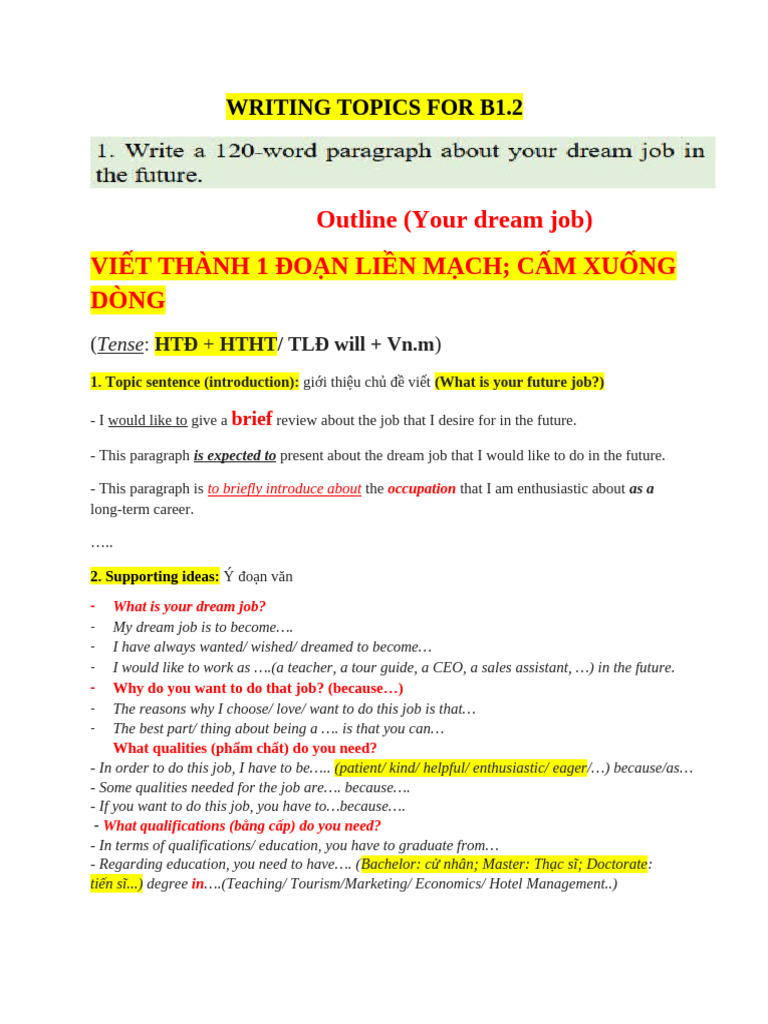 WRITING TOPICS FOR B1.2 (Topic Dream Job) | PDF