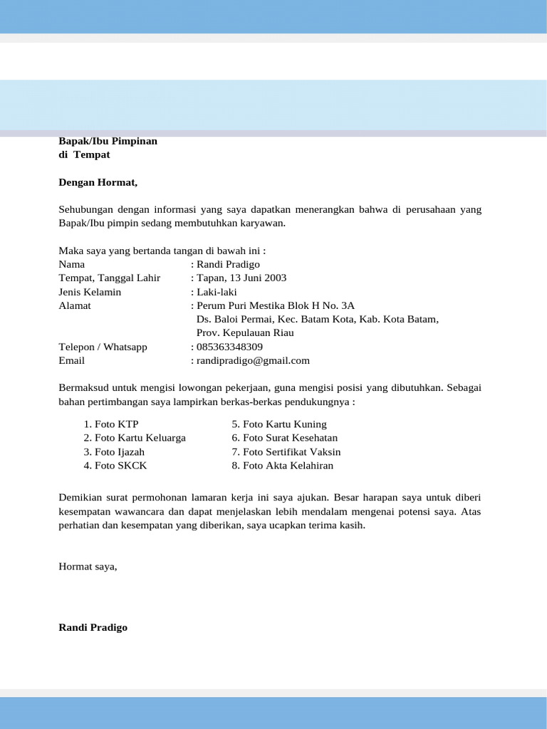 Surat Lamaran - Randi Pradigo | PDF