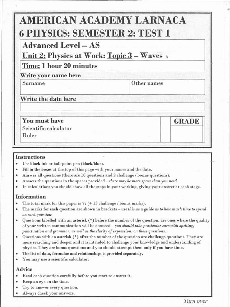 Waves Test Paper for AS Physics | PDF | Wavelength | Waves
