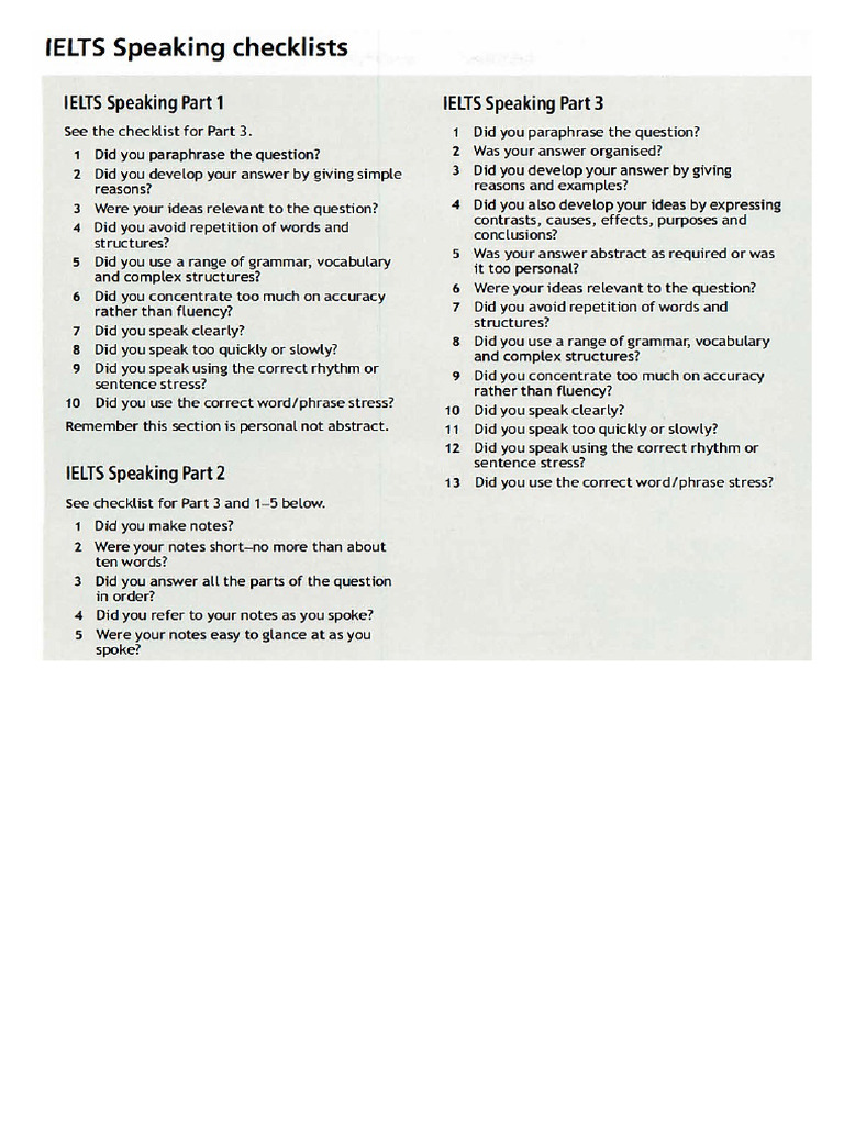 Speaking IELTS Checklist | PDF