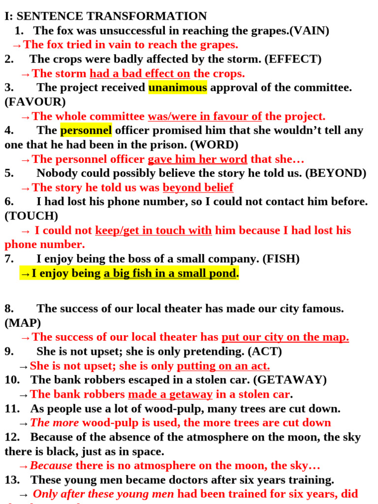 Sentence Transformation Key | PDF