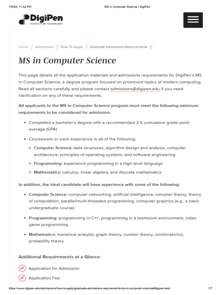 MS in Computer Science - DigiPen | PDF | Mathematics | University And College Admission