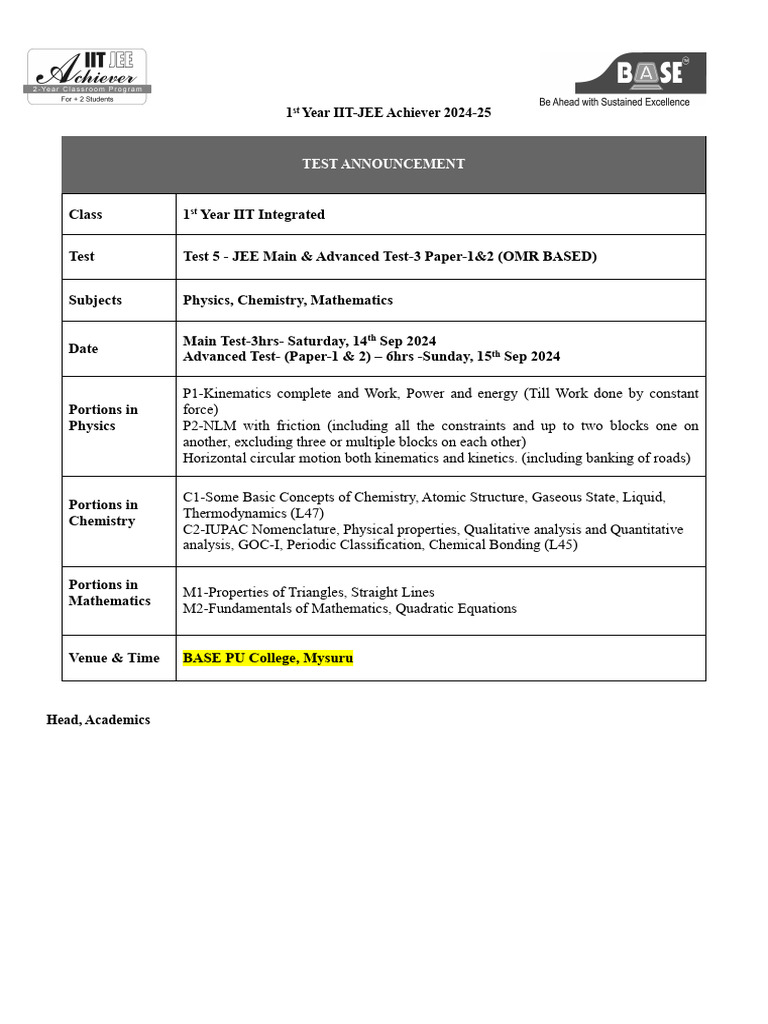 IIT JEE Mains-5 & Adv TEST-3-14th & 15th Sept | PDF