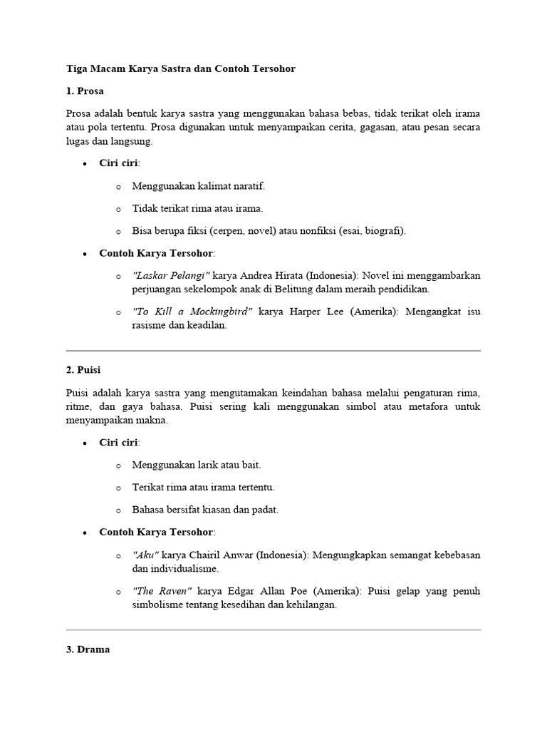 Tiga Macam Karya Sastra Dan Contoh Tersohor | PDF