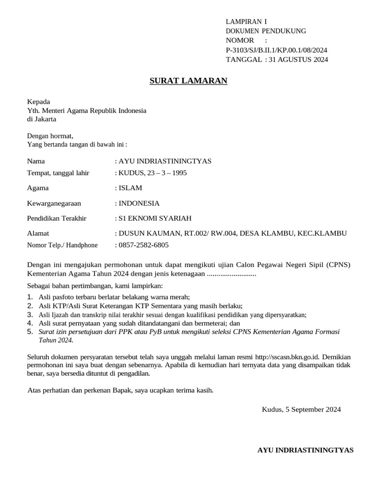 Surat Lamaran CPNS Kementerian Agama 2024 | PDF