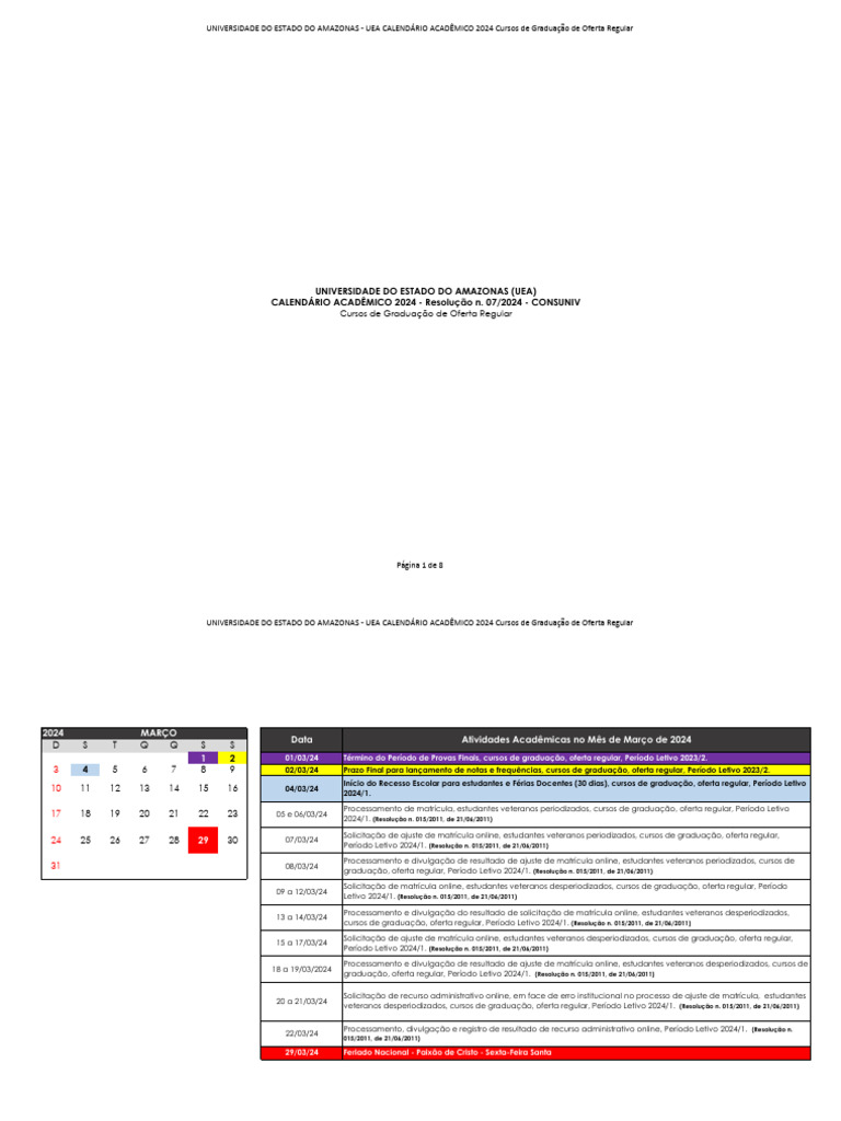 Calendário UEA 2024-2025v4 | PDF | Ensino Superior | Academia