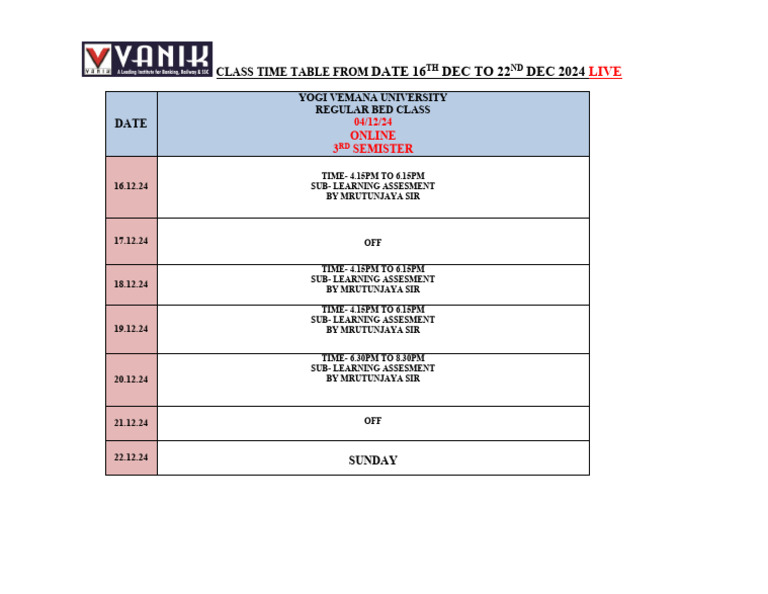 Yogi Vemana Bed Time Table 16TH-22ND Dec 2024 | PDF