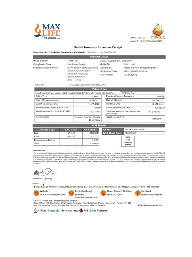 Himani Taneja Premium Receipt | PDF