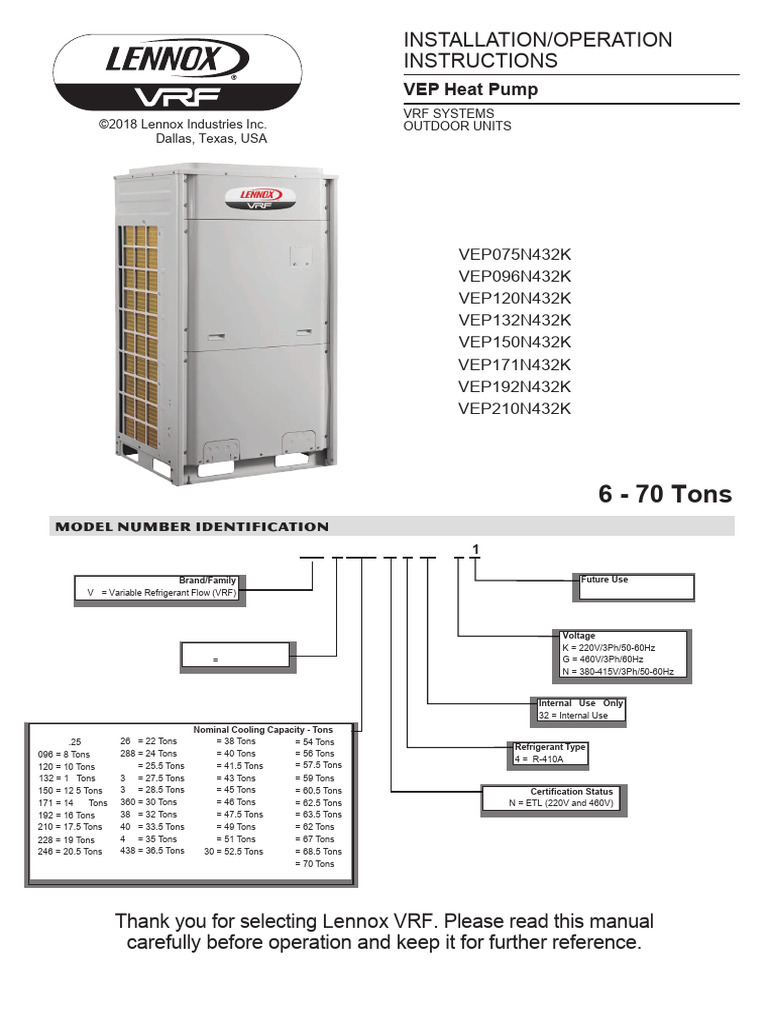 ODU VRF-Lennox 8 22HP-220V-3F VEP 075-210 N432K Manual-Instalacion | PDF | Air Conditioning ...