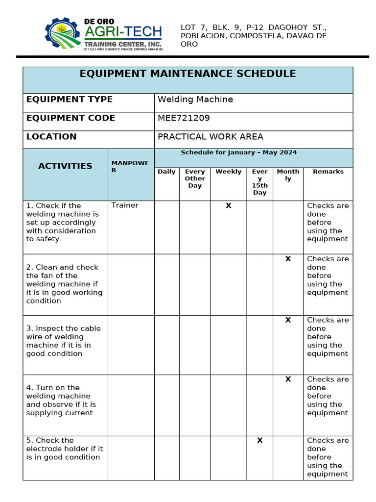 TM 1 Equipment Maintainance Schedule | PDF | Electric Heating | Welding