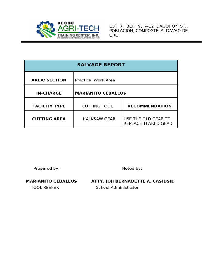TM 1 Salvage Report | PDF