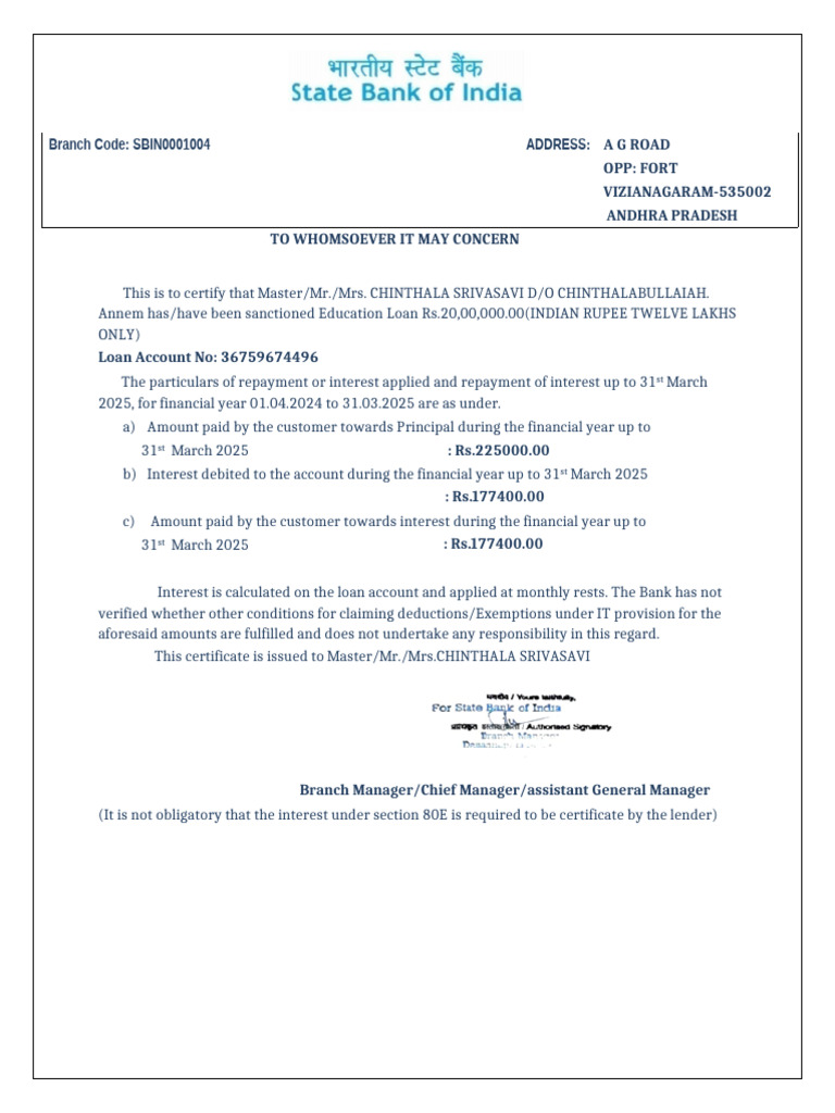 Education Loan Interest Certificate 2025 | PDF