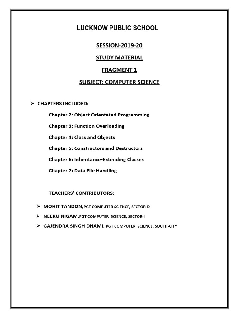 12 CS 2019-20 Lucknow Public School SM1 | PDF | Class (Computer Programming) | Object Oriented ...
