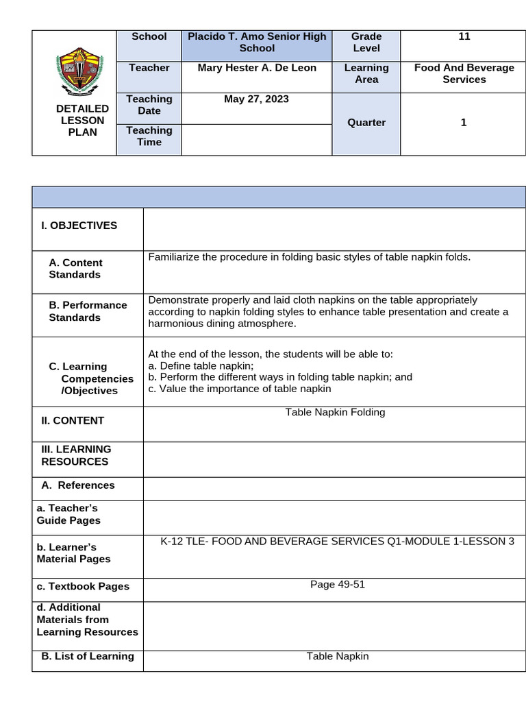 Grade 11 Table Napkin Folding Lesson | PDF | Teachers