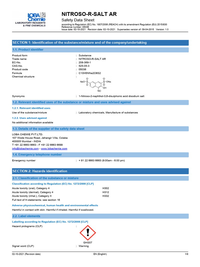 MSDS Nitrosorsalt Casno 525 05 05036 en | PDF | Dangerous Goods | Toxicity