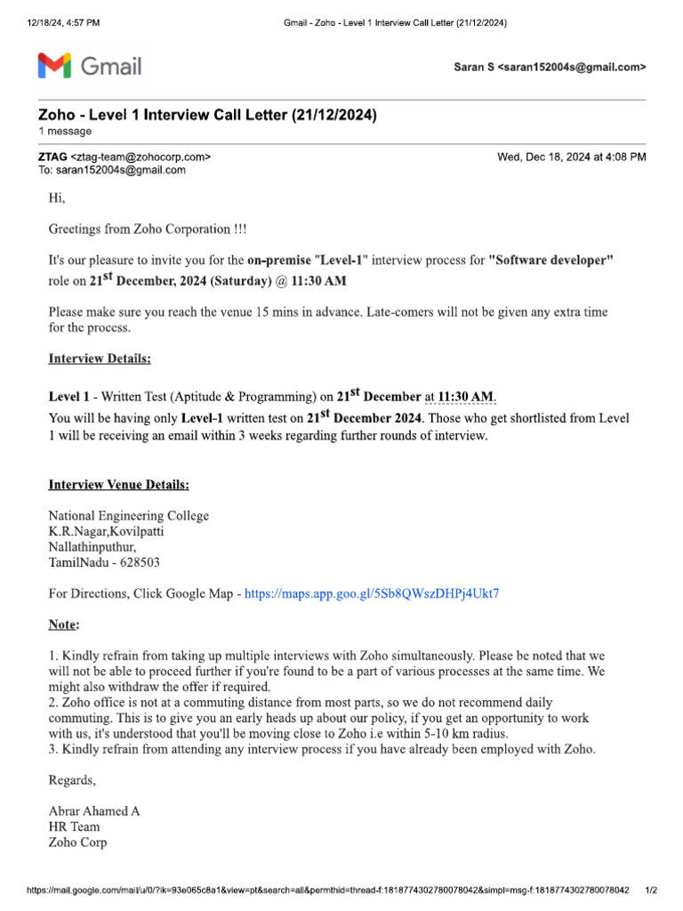 Zoho Offer Lette | PDF