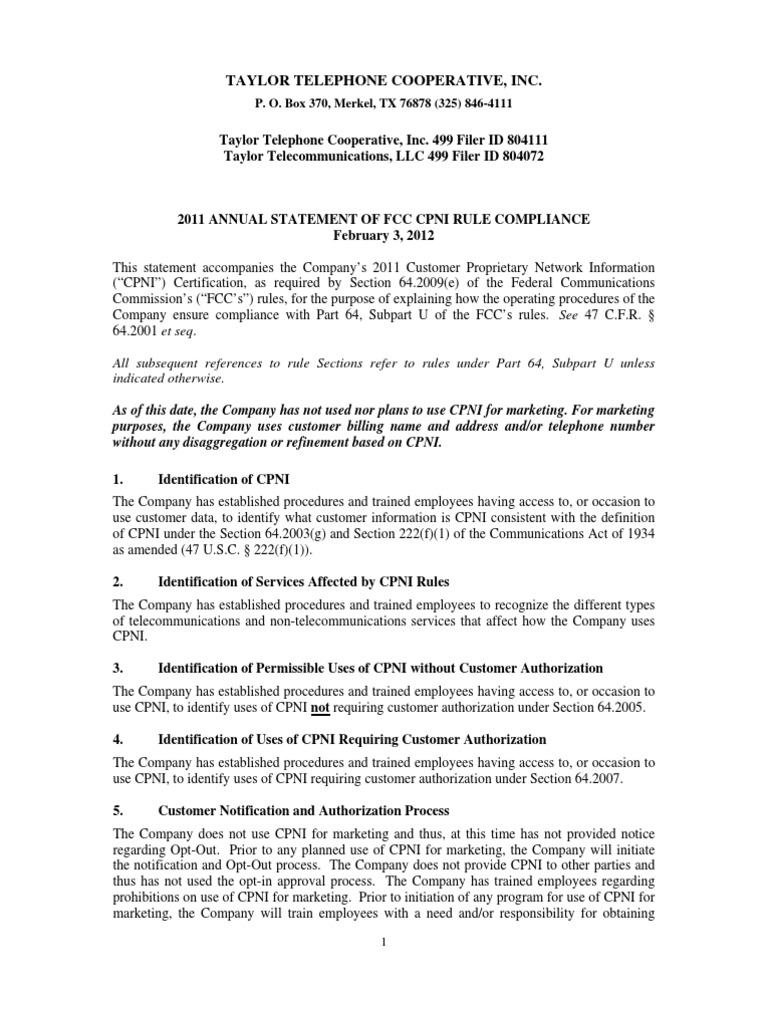 Taylor CPNI Statement | PDF | Federal Communications Commission ...