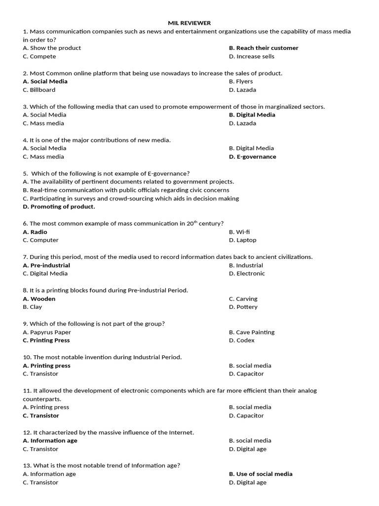 Mass Communication and Media Literacy Quiz | PDF | Communication ...