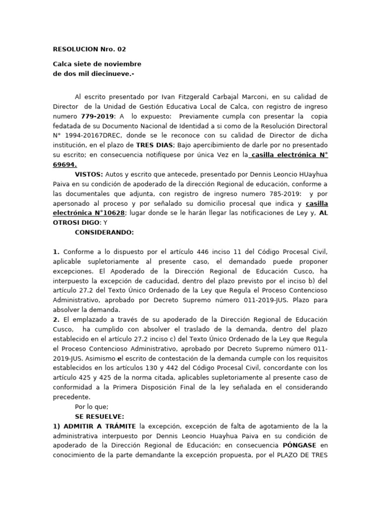 Resolución sobre Excepciones Legales | PDF | Demanda judicial | Justicia