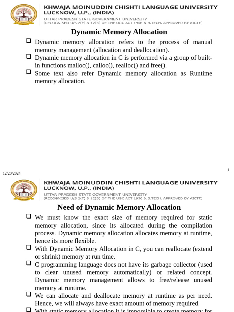 L12.1-Dynamic Memory Allocation | PDF | Pointer (Computer Programming) | Integer (Computer Science)