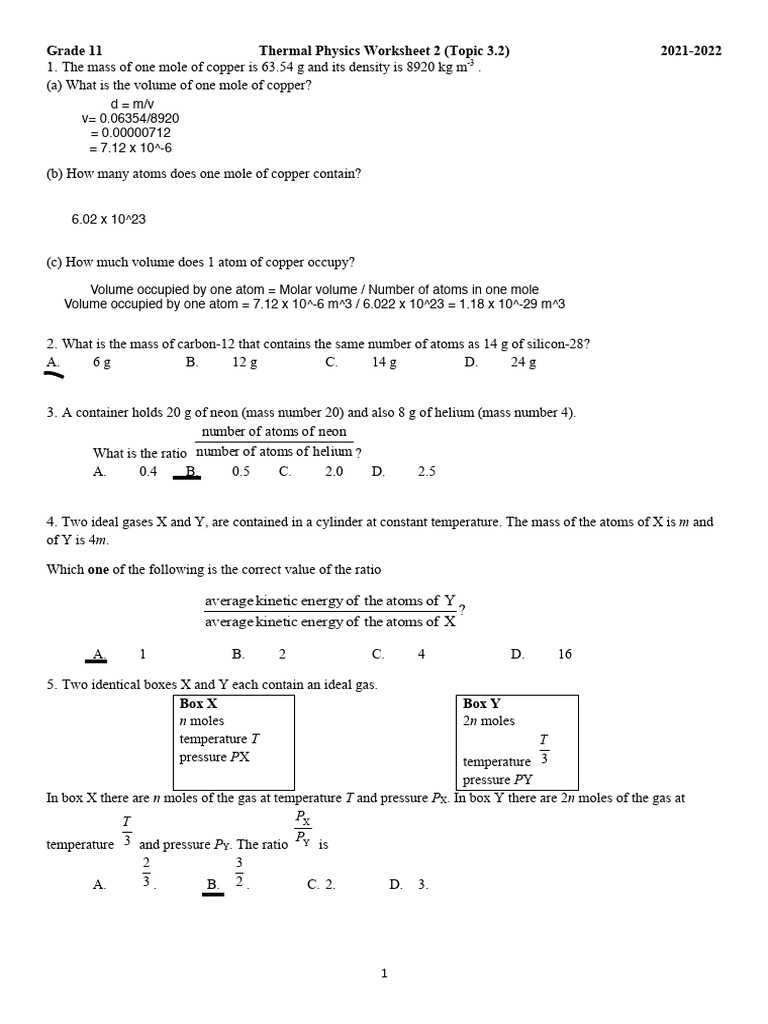 Grade 11 Thermal Physics Worksheet 2 (Topic 3.2) 2021-2022 | PDF ...