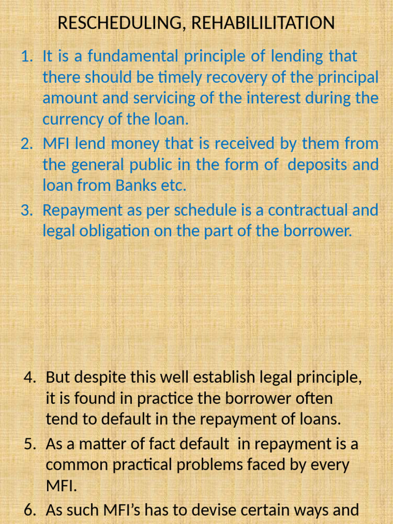 Rescheduling, Rehabililitation | PDF | Loans | Microfinance