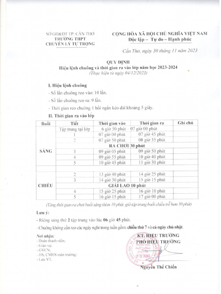 Quy Dinh Hieu Lenh Chuong Thời Gian Ra Choi | PDF