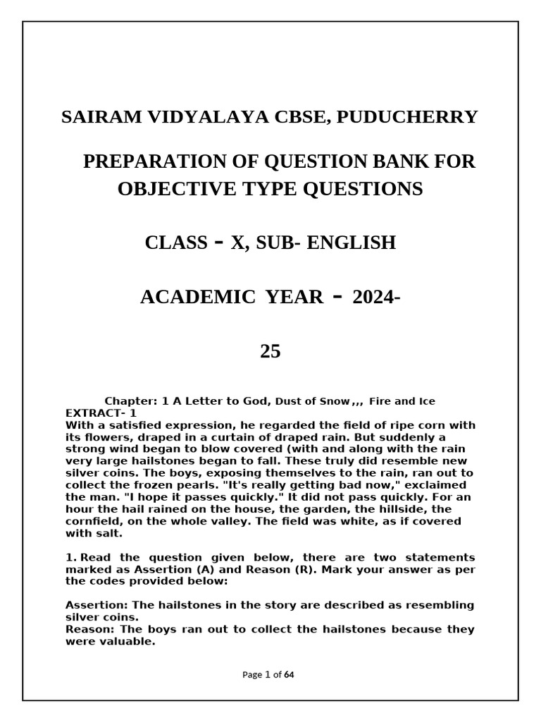 Class X English Objective Type Question 2024-25 | PDF | Nelson Mandela ...
