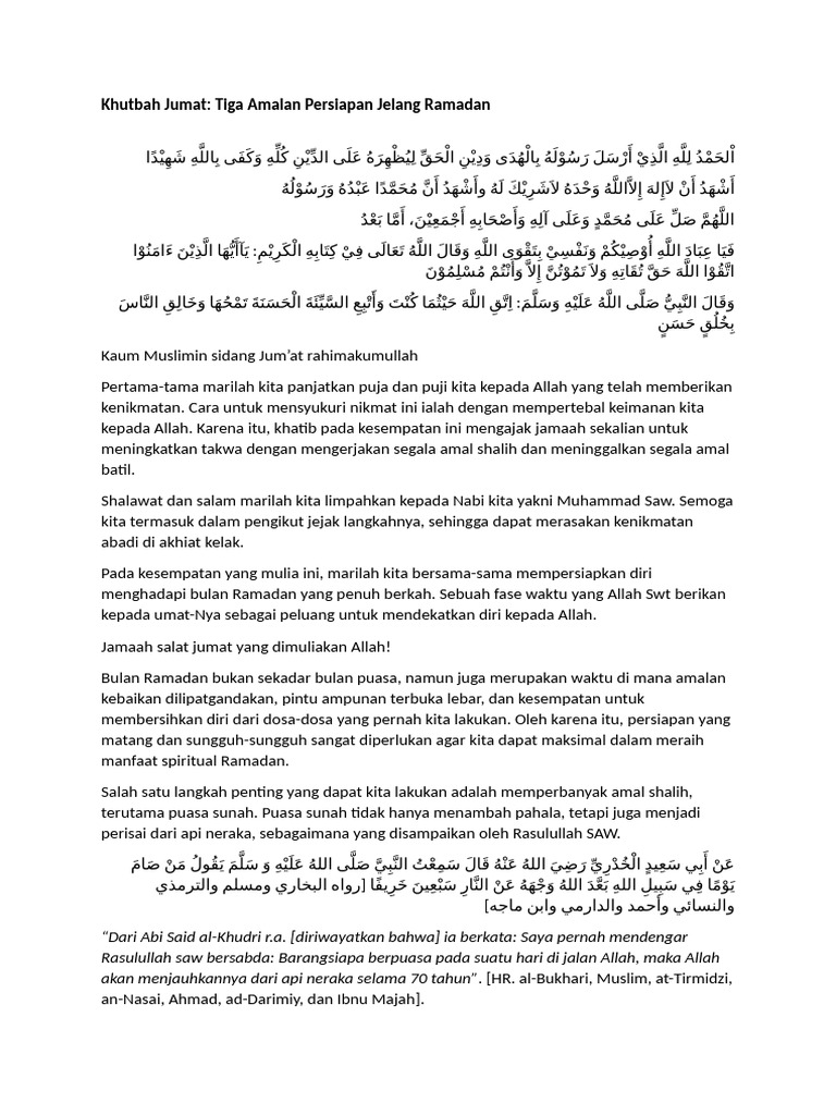 Khutbah Jumat Tiga Amalan Persiapan Jelang Ramadan | PDF