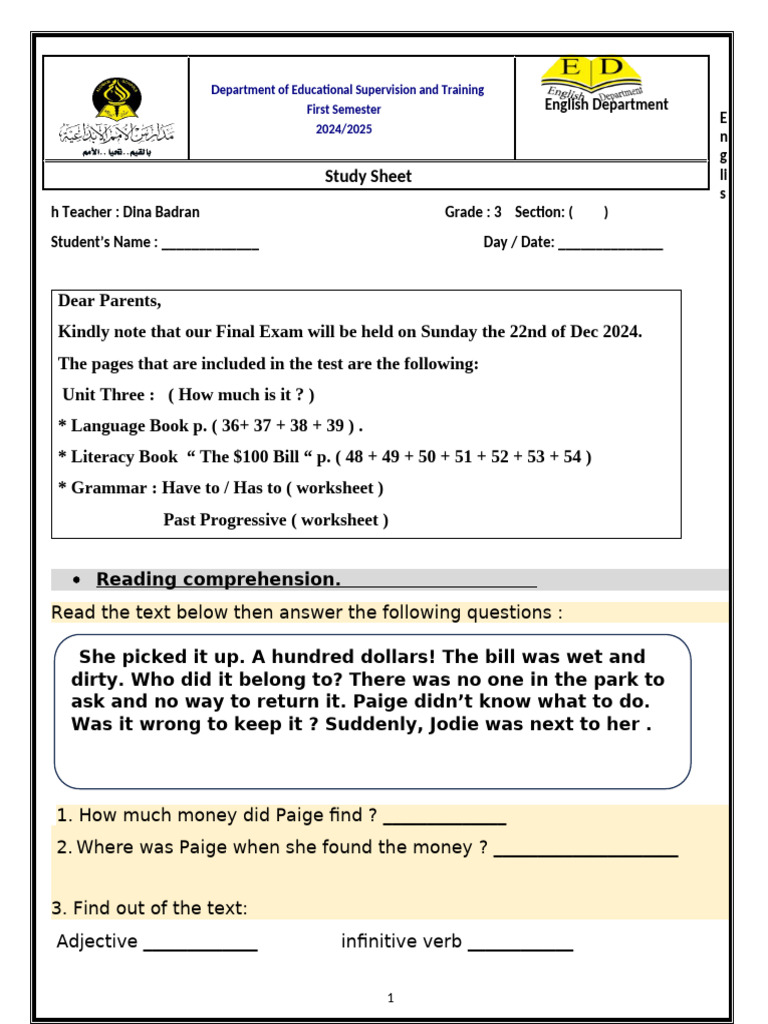Final Exam - Grade 3 - Study Sheet | PDF | English Language | Linguistic Typology