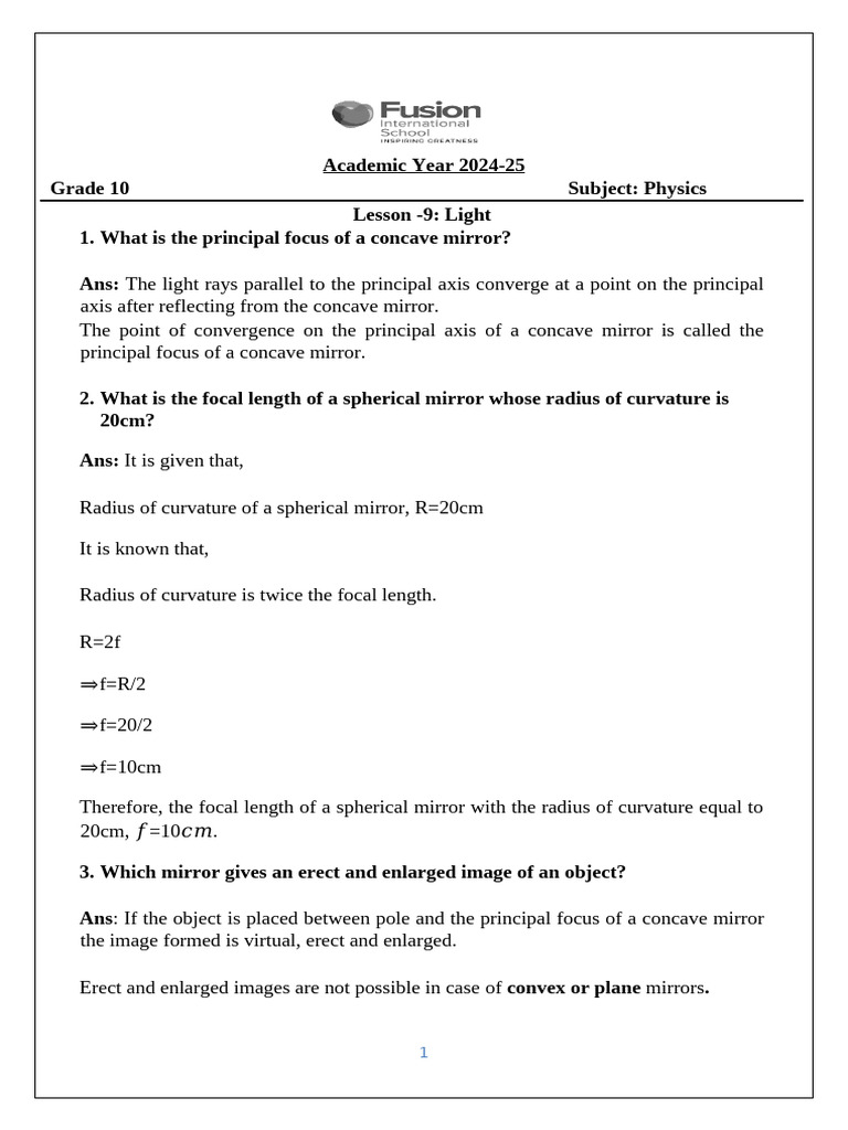 Grade 10 Physics: Light Concepts Explained | PDF | Mirror | Refractive ...