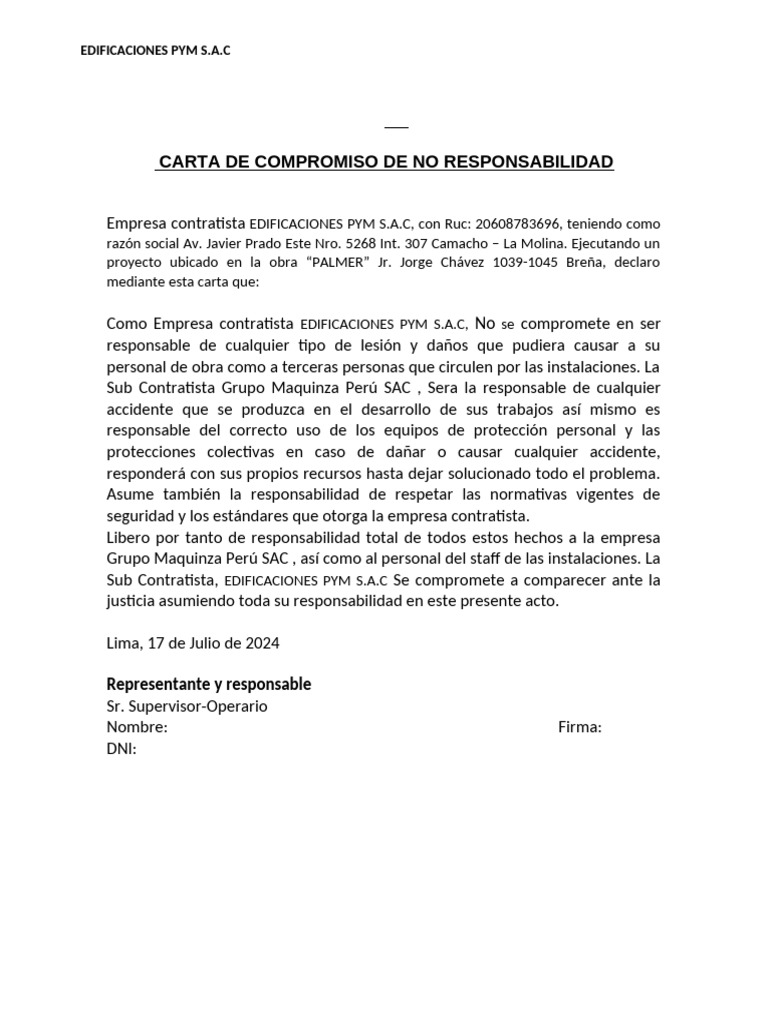 Carta de Compromiso de No Responsabilidad | PDF