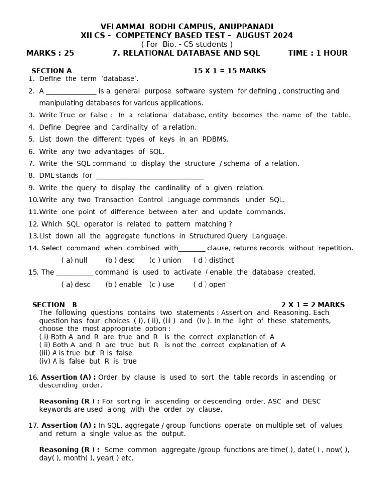COMPETENCY BASED TEST_XII CS-1 | PDF | Sql | Relational Database