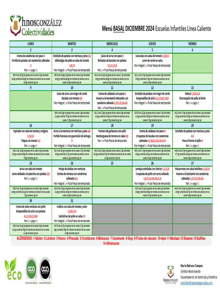 Menu DICIEMBRE Linea Caliente Escuelas infantiles | PDF | Alimentos ...