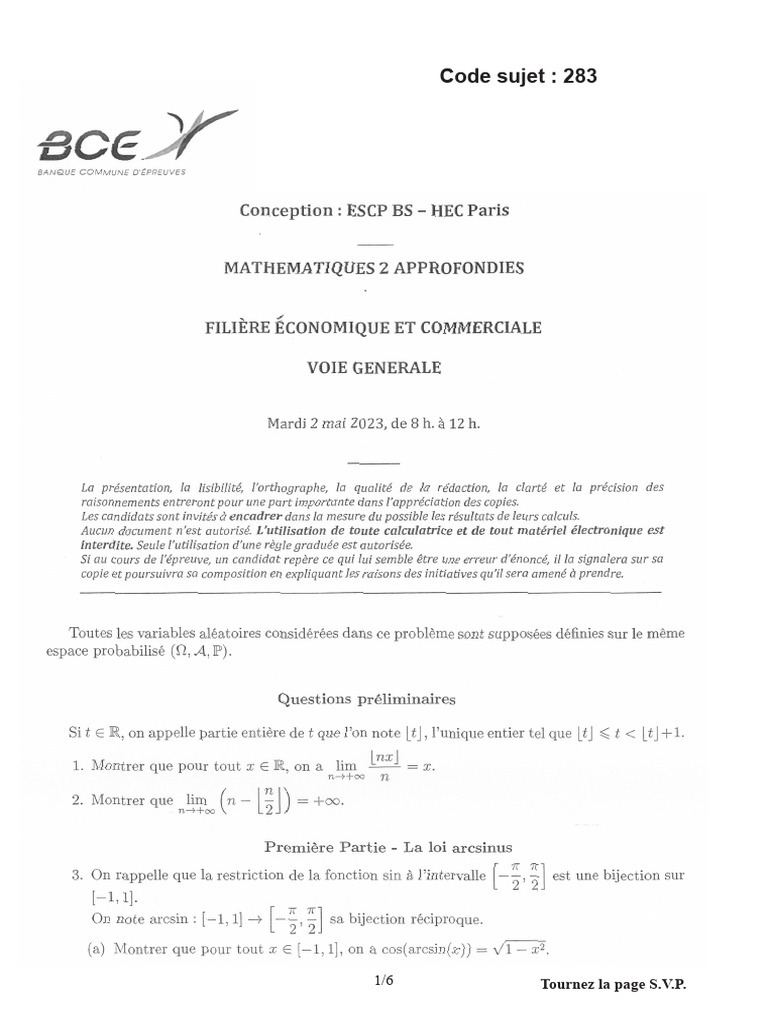 Maths 2 HEC 2023 - Sujet 283 | PDF