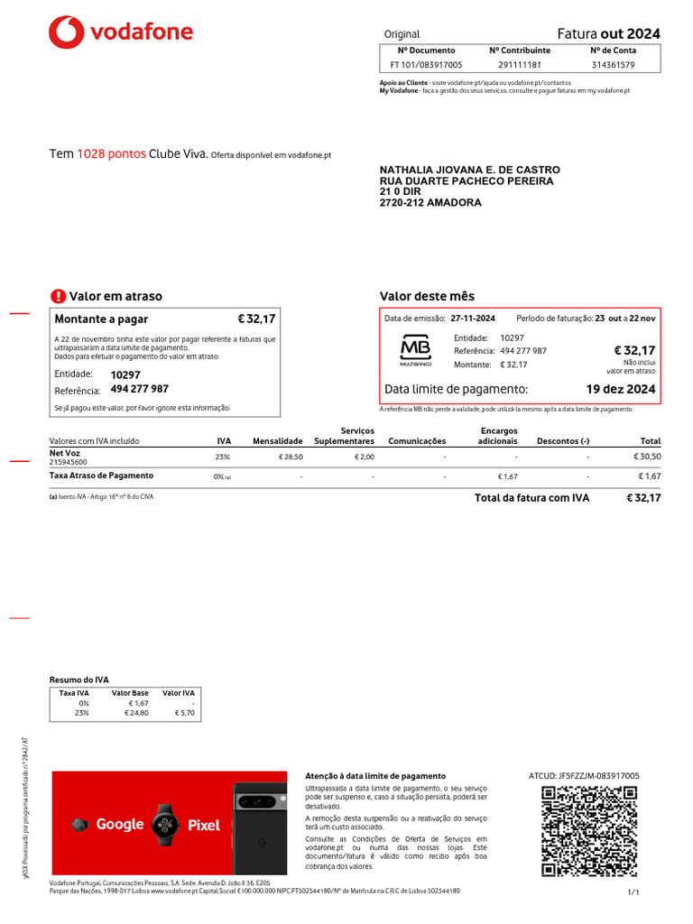 Fatura Vodafone | PDF | Imposto sobre Valor Agregado (IVA) | Business